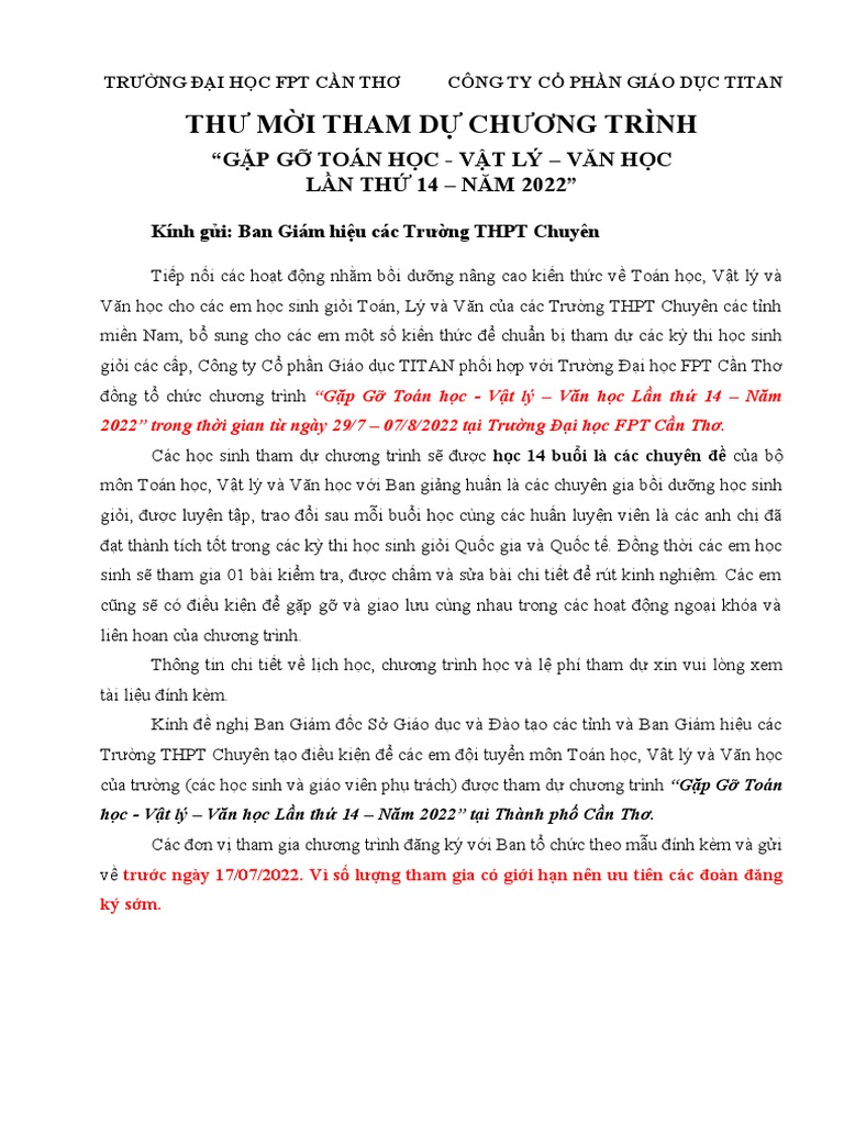 (GAP GO TOAN LY VAN 2022) Cong Van Va Ke Hoach Chuong Trinh Gui Cac ...