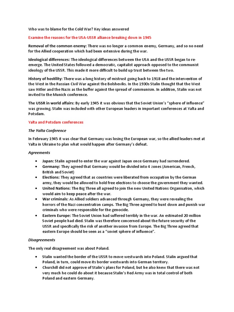 Who Was To Blame For The Cold War NOTES | PDF | Joseph Stalin | Allies ...