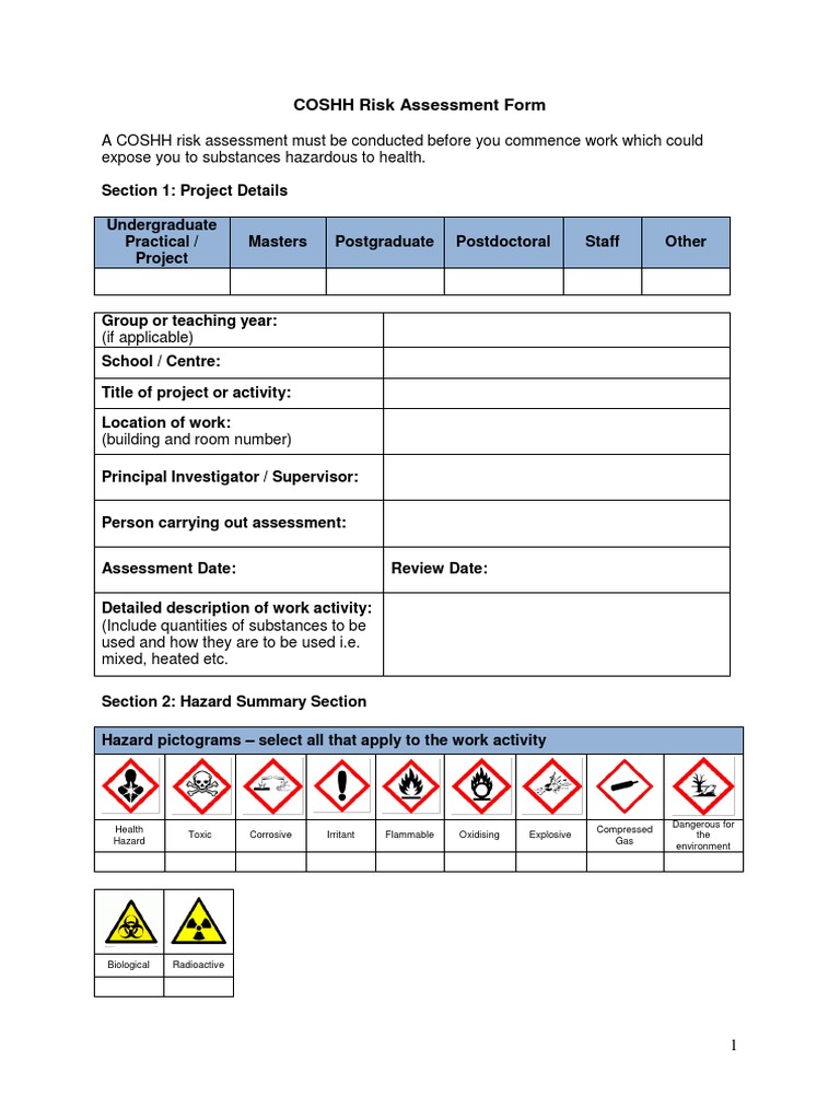 COSHH Risk Assessment Form | PDF | Risk | Risk Assessment COSHH Risk Assessment Form | PDF | Risk | Risk Assessment