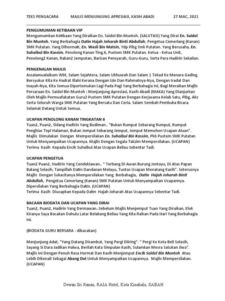 Teks Pengacara Majlis Persaraan | PDF | Memasak, Makanan, & Anggur