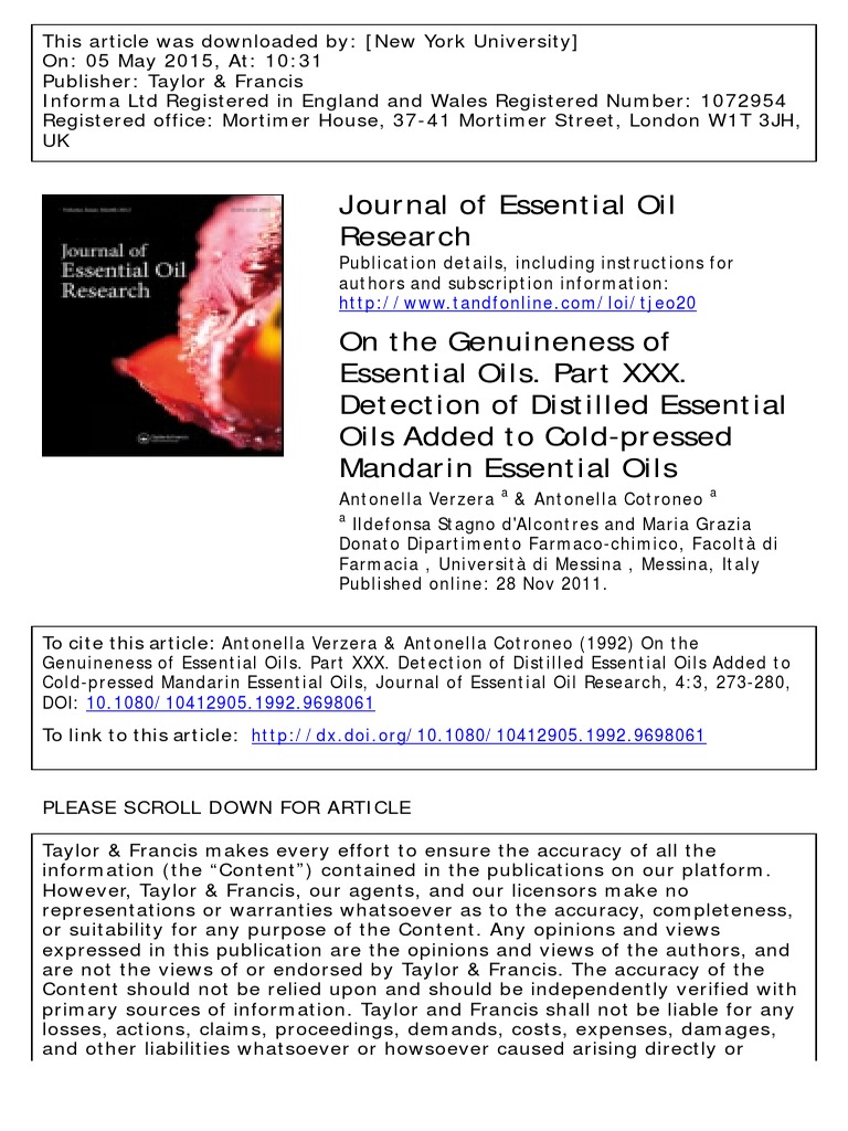 Journal of Essential Oil Research: To Cite This Article: Antonella ...