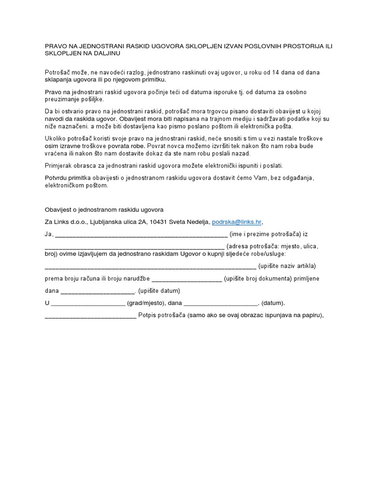 Obrazac Za Jednostrani Raskid Ugovora | PDF