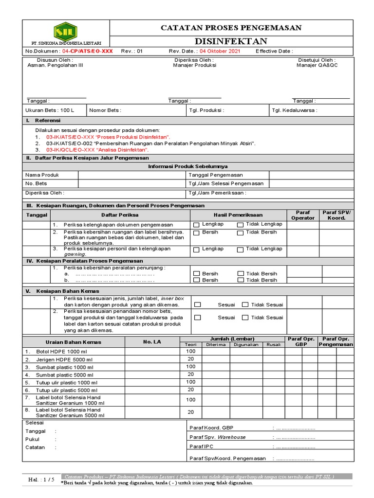 Catatan Pengemasan Disinfektan 2022 | PDF