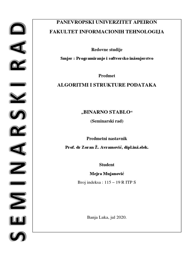 Binarno Stablo, Seminarski Rad - Mejra Mujanovic | PDF