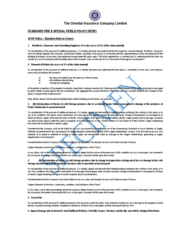 Fire - Standard Fire and Special Perils Policy-Add-on Covers | PDF ...