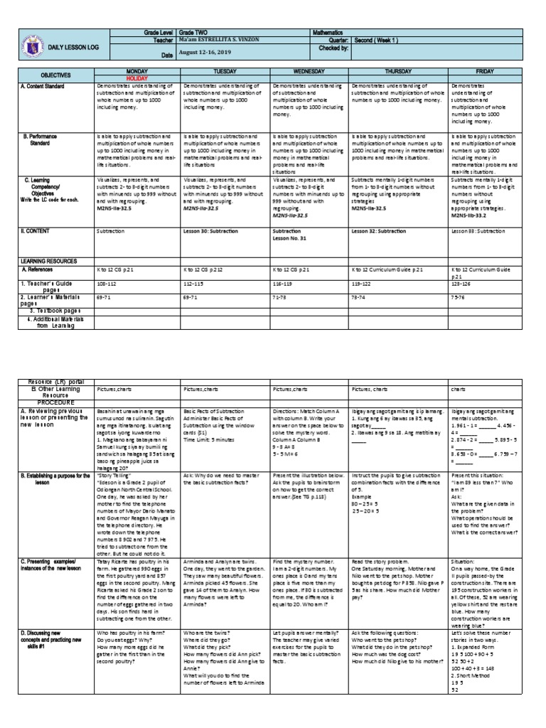 Mathematics 2 DLL Q2 Week 1 | PDF | Subtraction | Mathematics