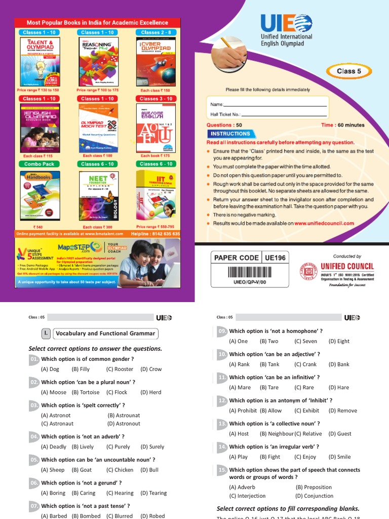 Class 2 UIEO Exam Sample Paper | PDF | Noun | Part Of Speech