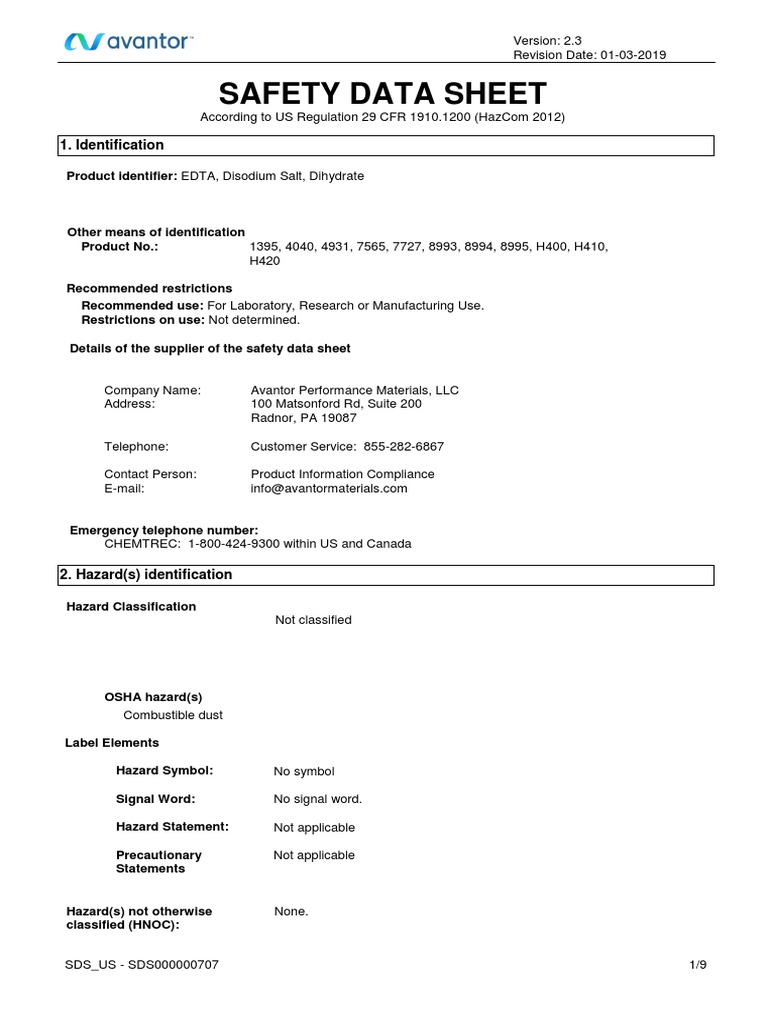 EDTA Disodium Salt SDS Guide | PDF | Toxicity | Firefighting