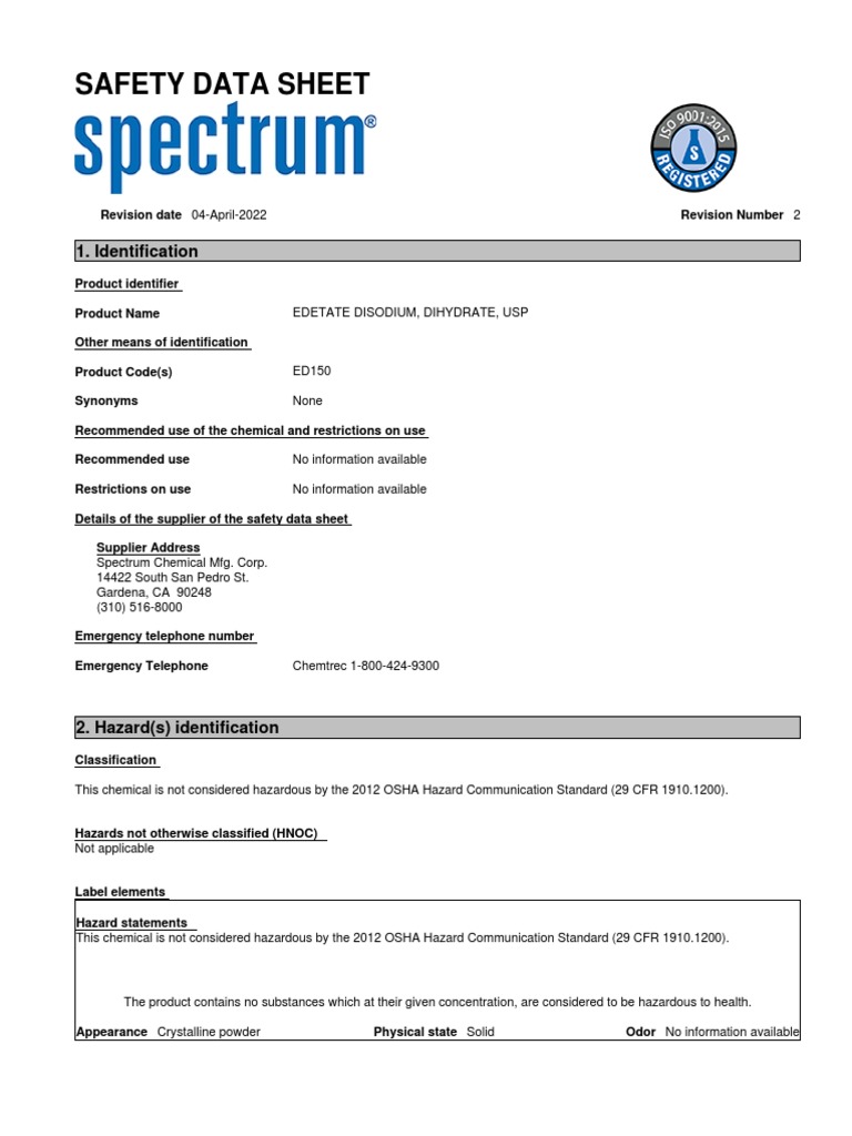 EDTA 2na 2H2O. SDS (Spectrum) | PDF | Superfund | Toxicity