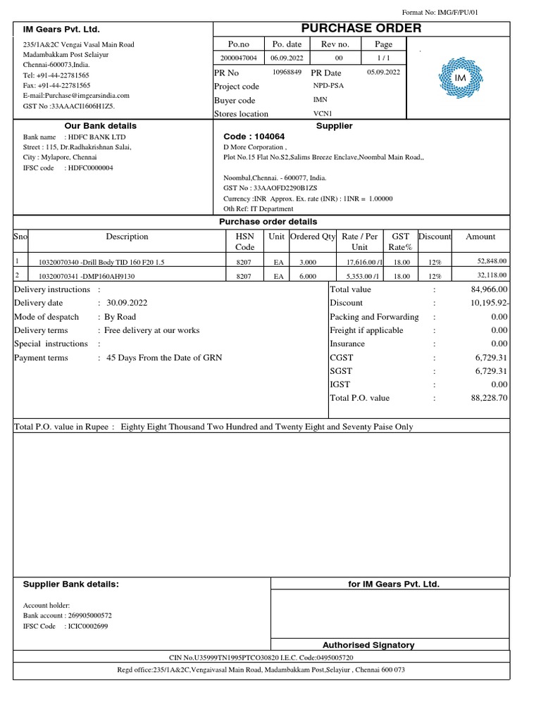 IM Gears Pvt Ltd purchase order for drill body and DMP160 components ...
