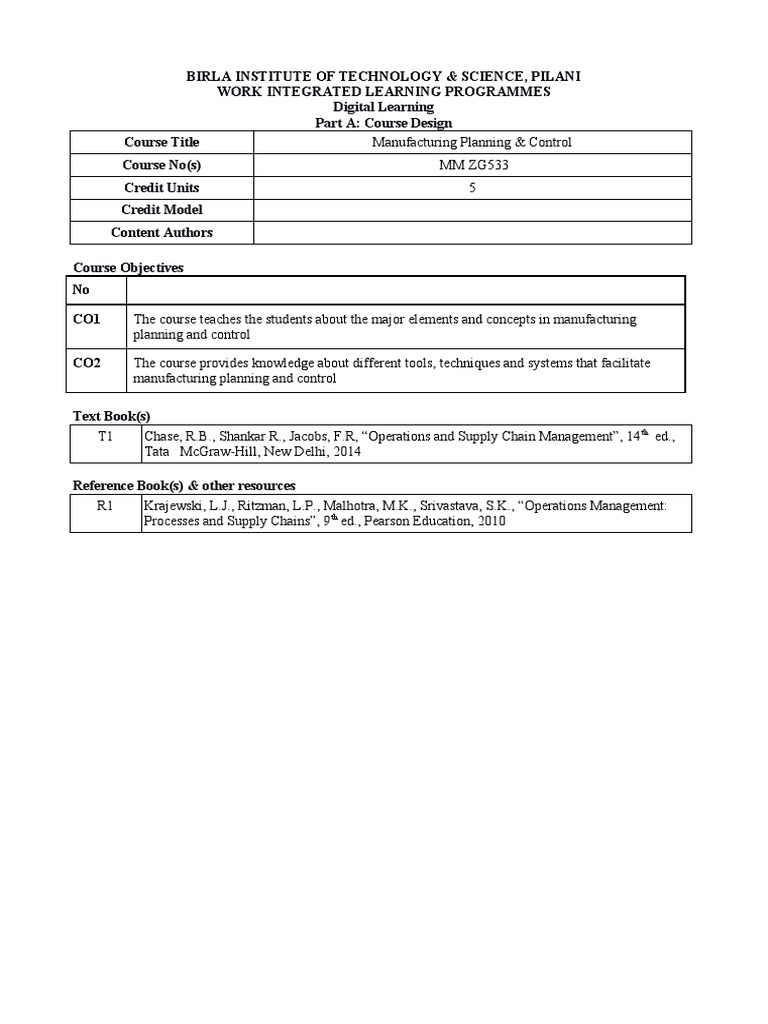 MP&Control-Course handout-MM ZG533 | PDF | Forecasting | Lean Manufacturing