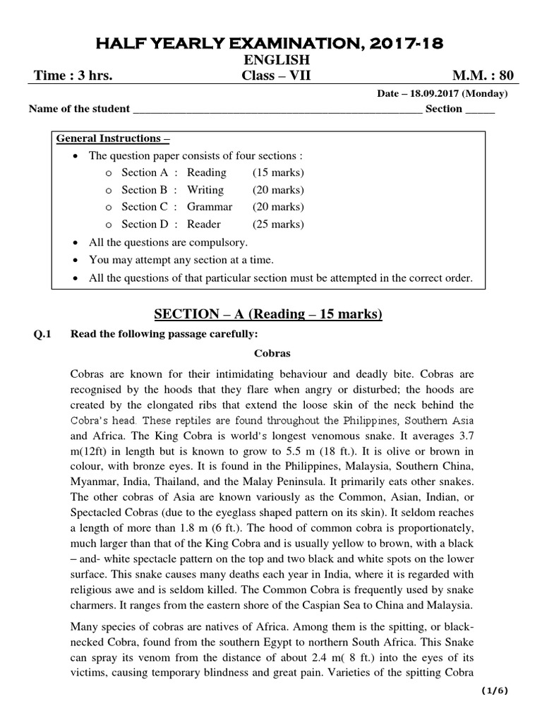 7th Half Yearly Exam Paper - 2017 - English | PDF | Human Migration