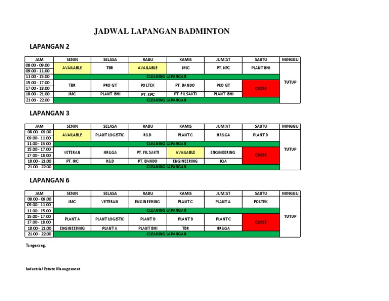 Jadwal Lapangan Badminton | PDF