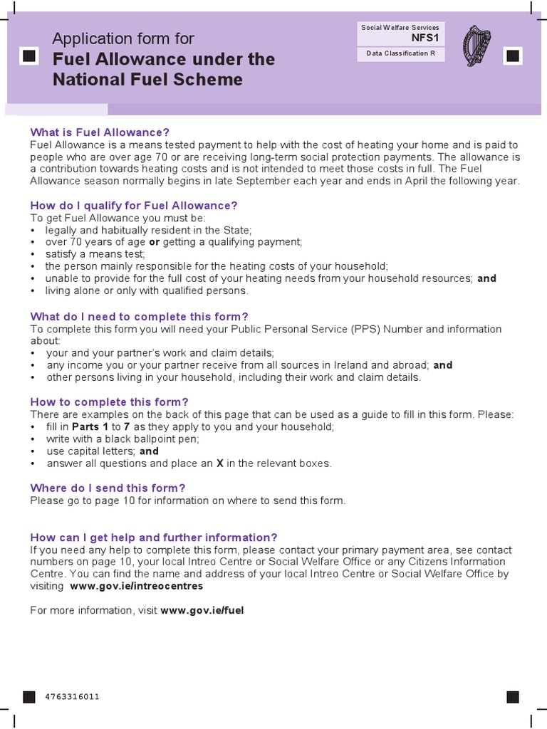 Fuel Allowance Under The National Fuel Scheme: Application Form For ...