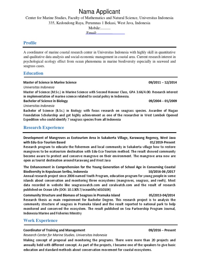 Contoh CV Akademik S3 | PDF | Conservation Biology | Marine Biology