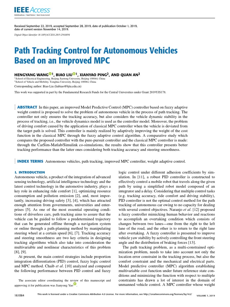 Path Tracking Control For Autonomous Vehicles Based On An Improved MPC ... Path Tracking Control For Autonomous Vehicles Based On An Improved MPC ...