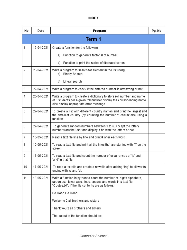 Record Book Index Page - Term Wise | PDF | Comma Separated Values ...