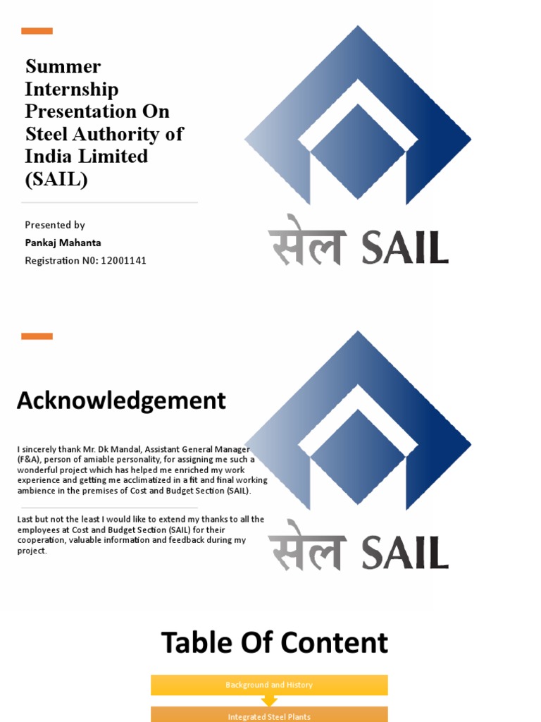 Summer Internship Presentation On Steel Authority of India Limited (SAIL) | PDF | Economies | Taxes