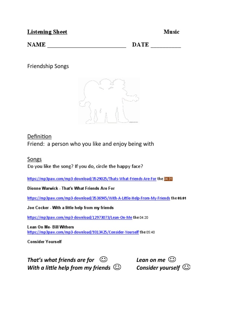 Primary Listening Sheet - Friendship Songs | PDF | Poetry