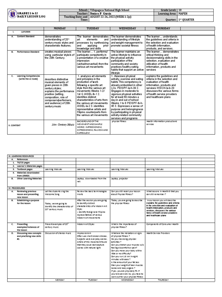 DLL - Mapeh 10 - Q1 - W1-2 | PDF