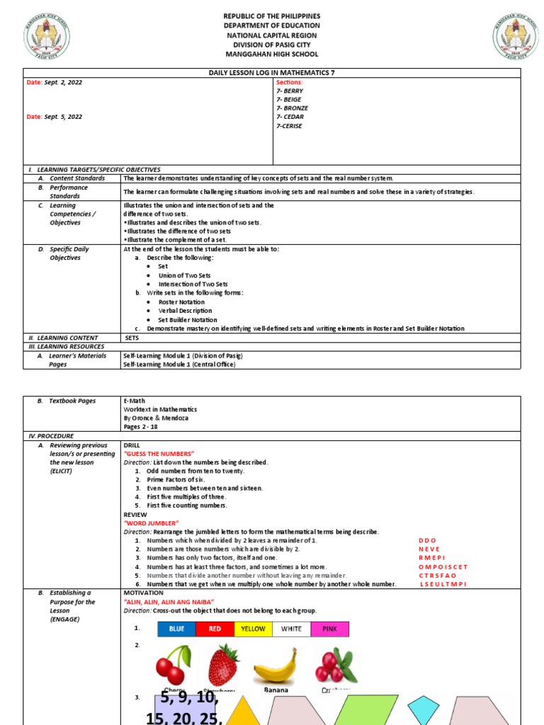 DLL Lesson 1 Intro of Sets Union and Intersion of Two Sets | PDF | Learning