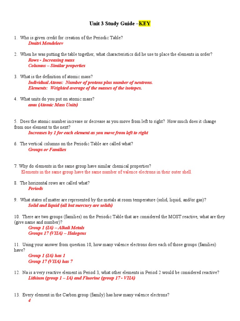 Periodic Table Study Guide Key | PDF | Periodic Table | Chemical Elements