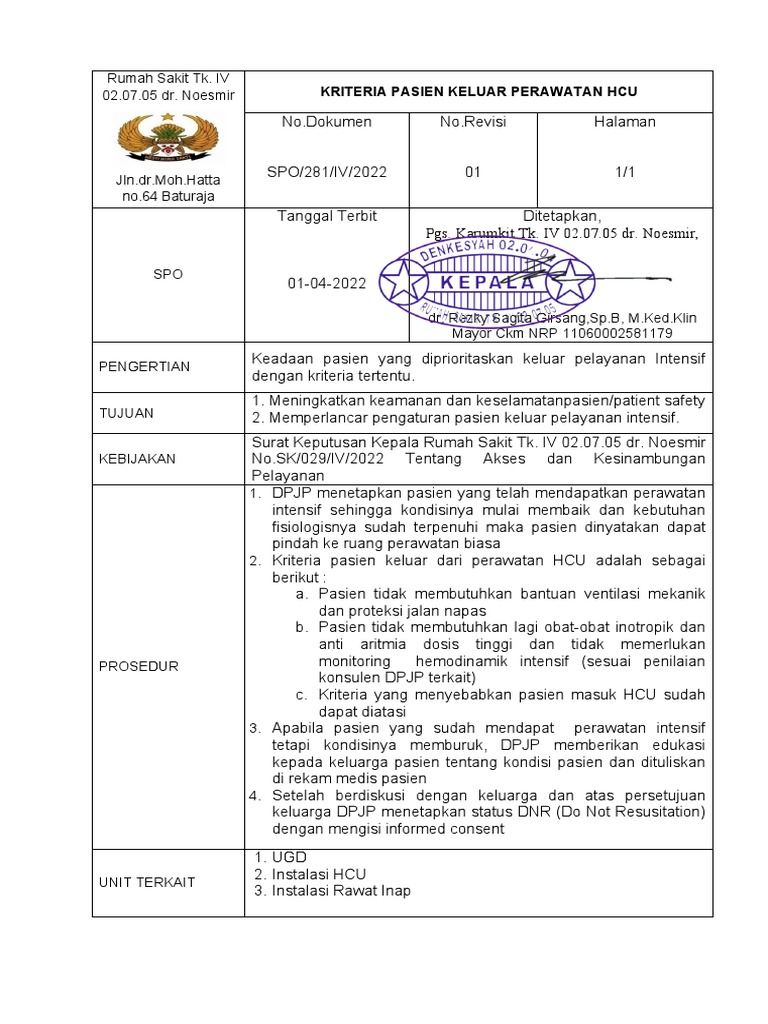 Spo Kriteria Pasien Keluar Perawatan Hcu | PDF