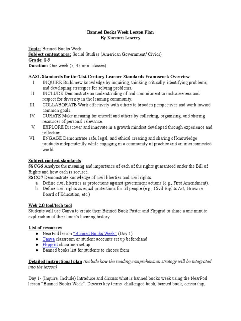 Loweryk Lessonplan Banned Books Wek | PDF | Reading Comprehension ...