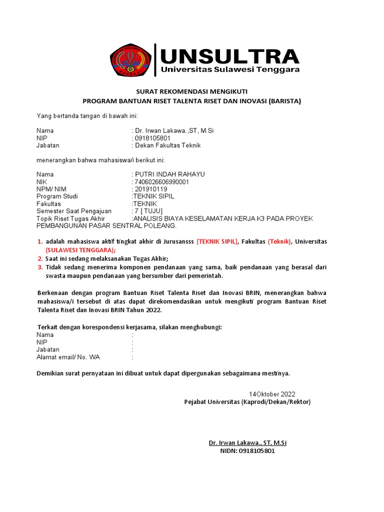 Surat Rekomendasi Universitas | PDF