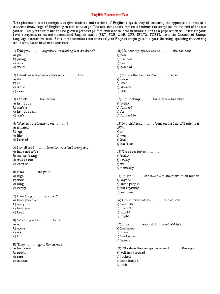 English Placement Test for Beginners | PDF