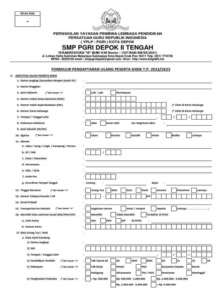 Contoh FORMULIR DAFTAR ULANG SMP Format Dapodik | PDF Contoh FORMULIR DAFTAR ULANG SMP Format Dapodik | PDF