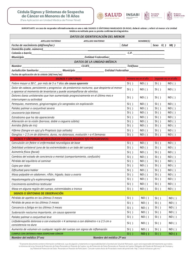 Cédula Signos y Síntomas de Sospecha de Cáncer en Menores de 18 Años ...