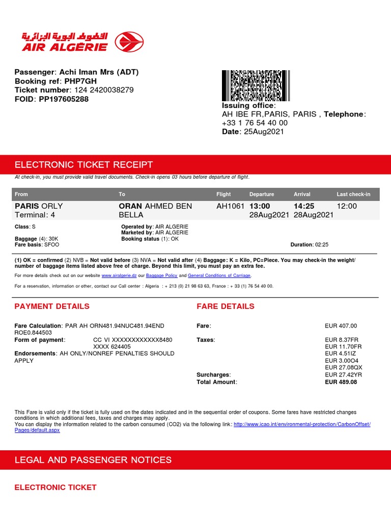 Air Algerie Confirmation IMAN ACHI PHP7GH | PDF | Transport