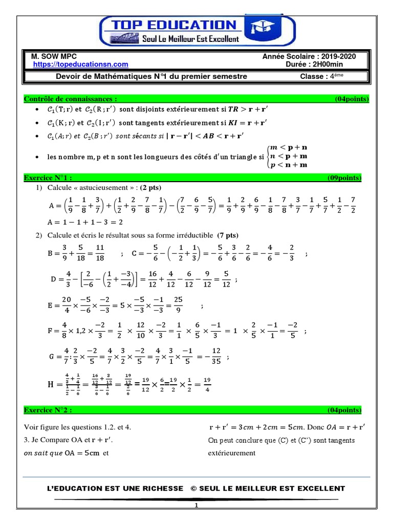 Devoir Mathematiques N°1 Du 1er Semestre 4ème 2019-2020 Senegal | PDF ...