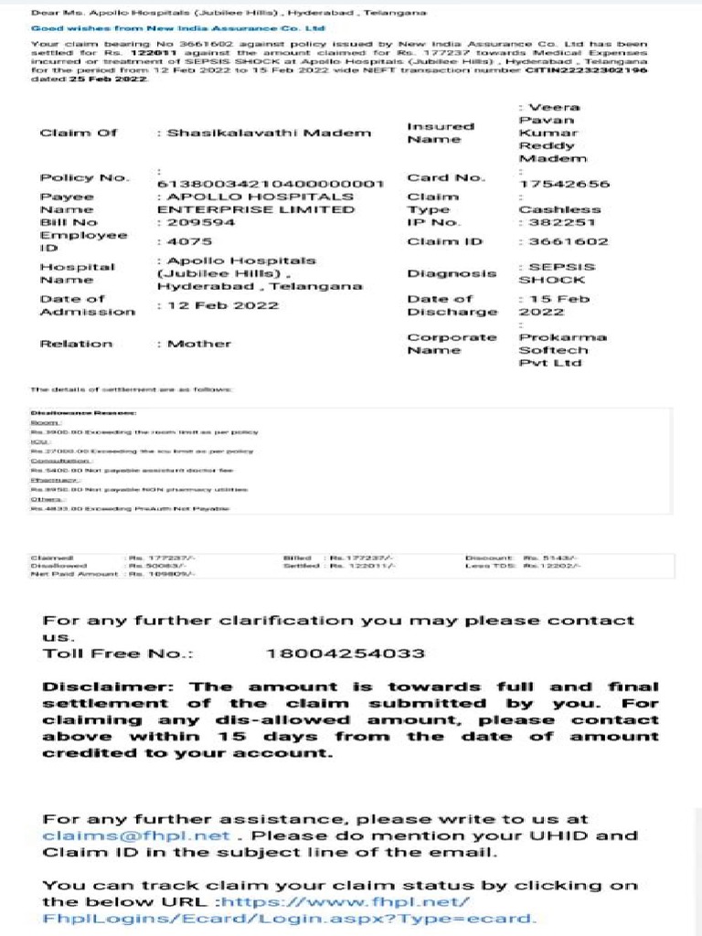 FHPL Claim Settlement Letter | PDF