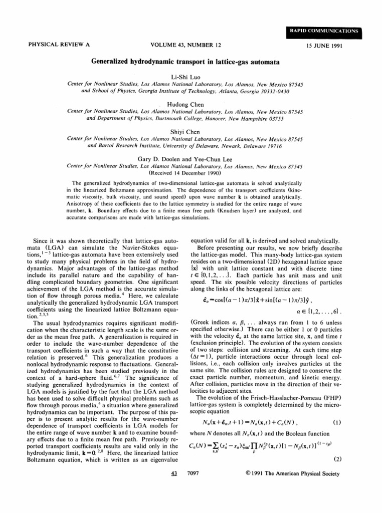 1991 Generalized Hydrodynamic Transport In Lattice Gas Automata Pdf 