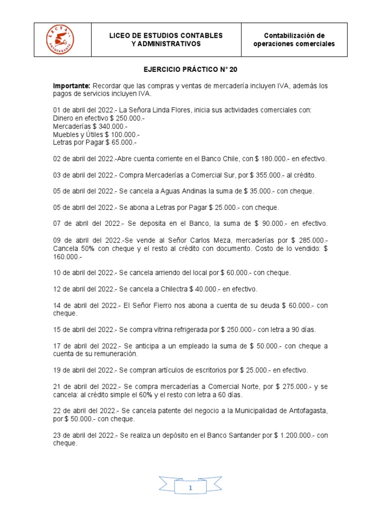 Ejercicio Contabilidad #20 | PDF | Cheque | Business