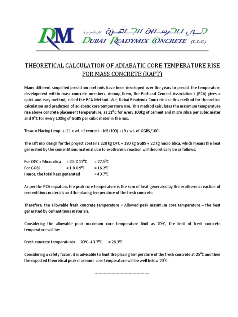 Adiabatic Core Temp Rise in Mass Concrete | PDF | Technology & Engineering
