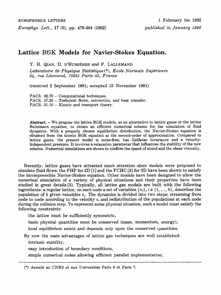 (1992) Lattice BGK Models For Navier-Stokes Equation | PDF | Navier ...