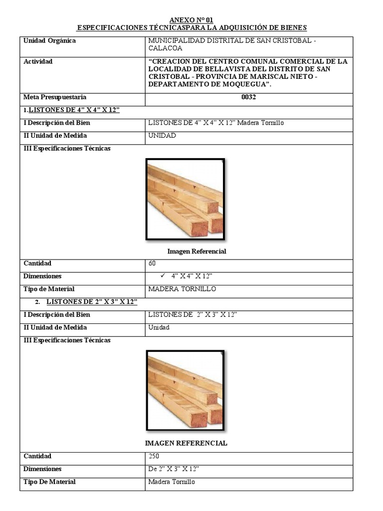 Especificaciones Tecnicas de Madera Madera Listones Compra Directa | PDF | Tornillo