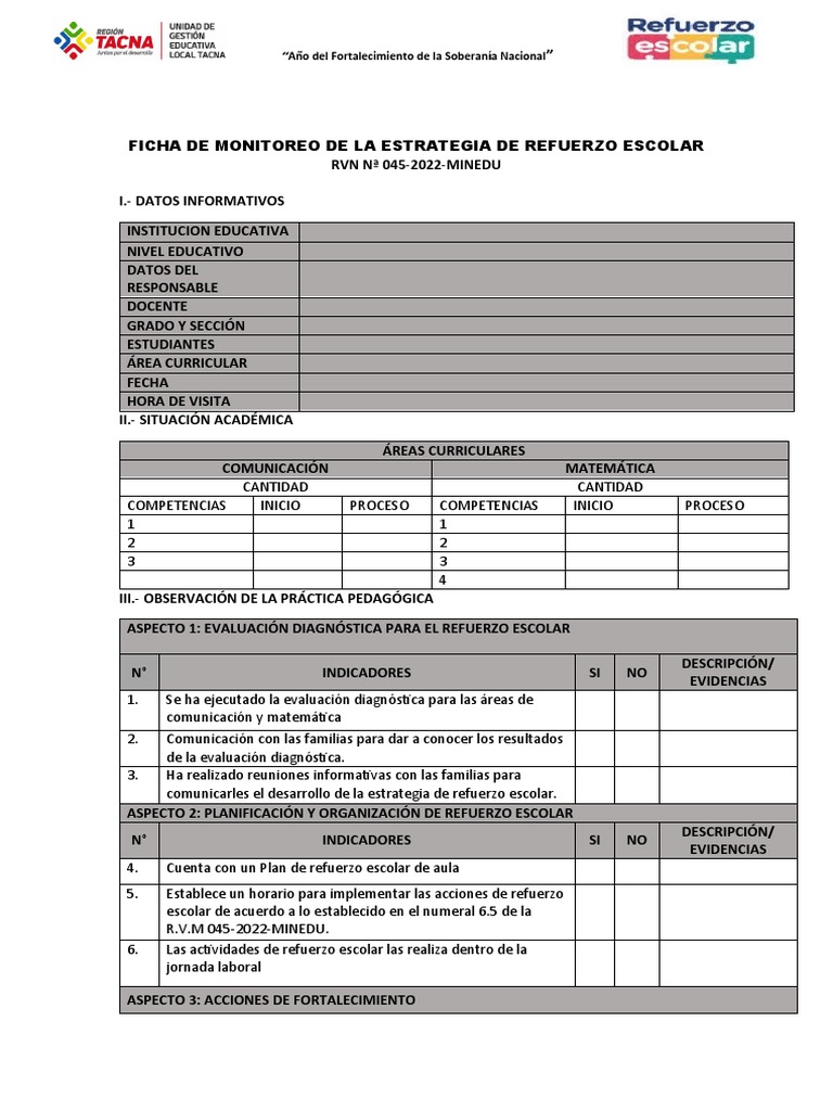 Ficha de Monitoreo Refuerzo Escolar-Stnj-2022 | PDF | Evaluación | Aprendizaje