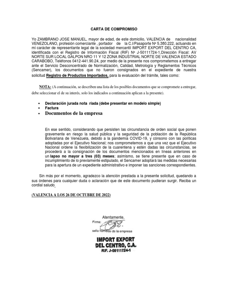 Formato De Carta Compromiso Milformatos Com Zherss
