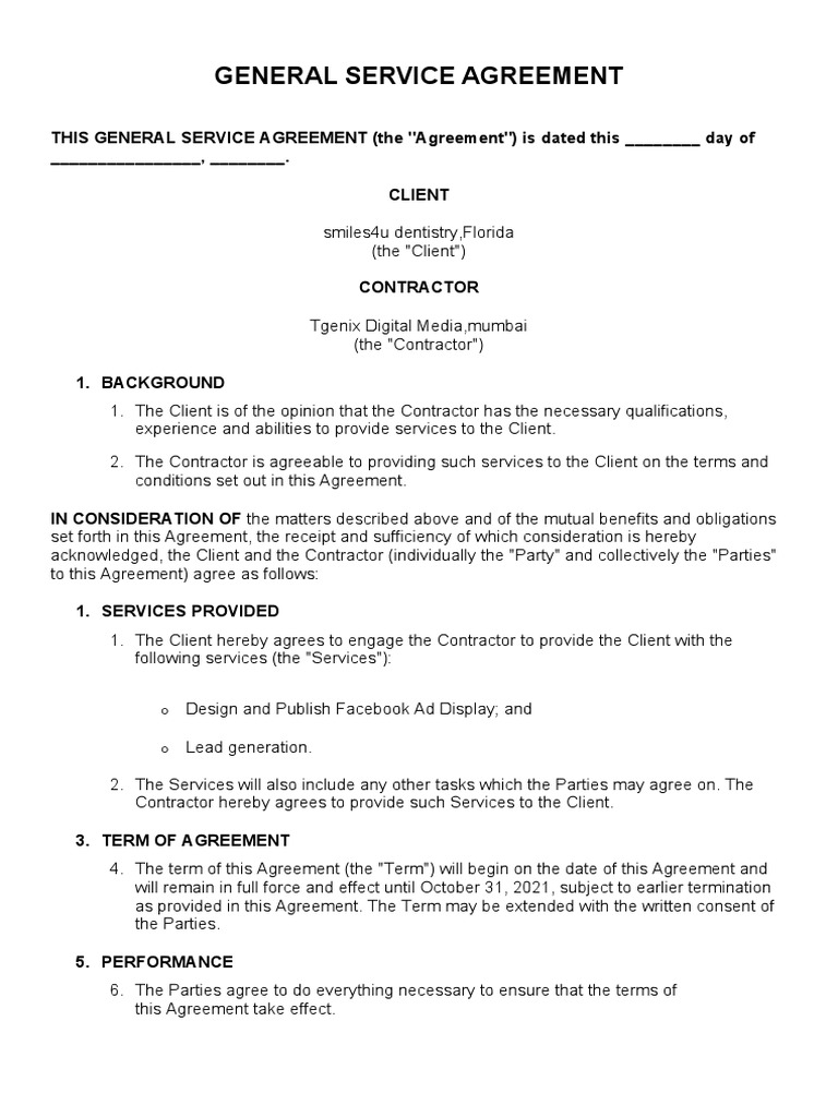 GENERAL SERVICE AGREEMENT With Client | PDF | Indemnity | Employment