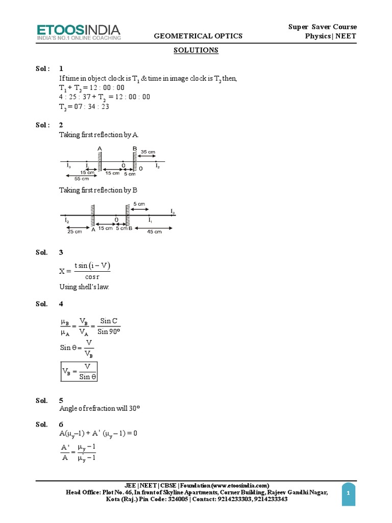 Geometrical Optics Solutions for NEET | PDF | Optics | Reflection (Physics)