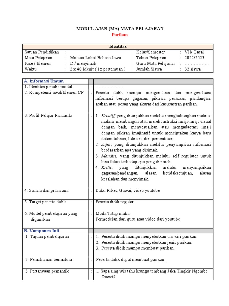 Modul Ajar Parikan Bahasa Jawa Kelas VII | PDF | Karier & Perkembangan