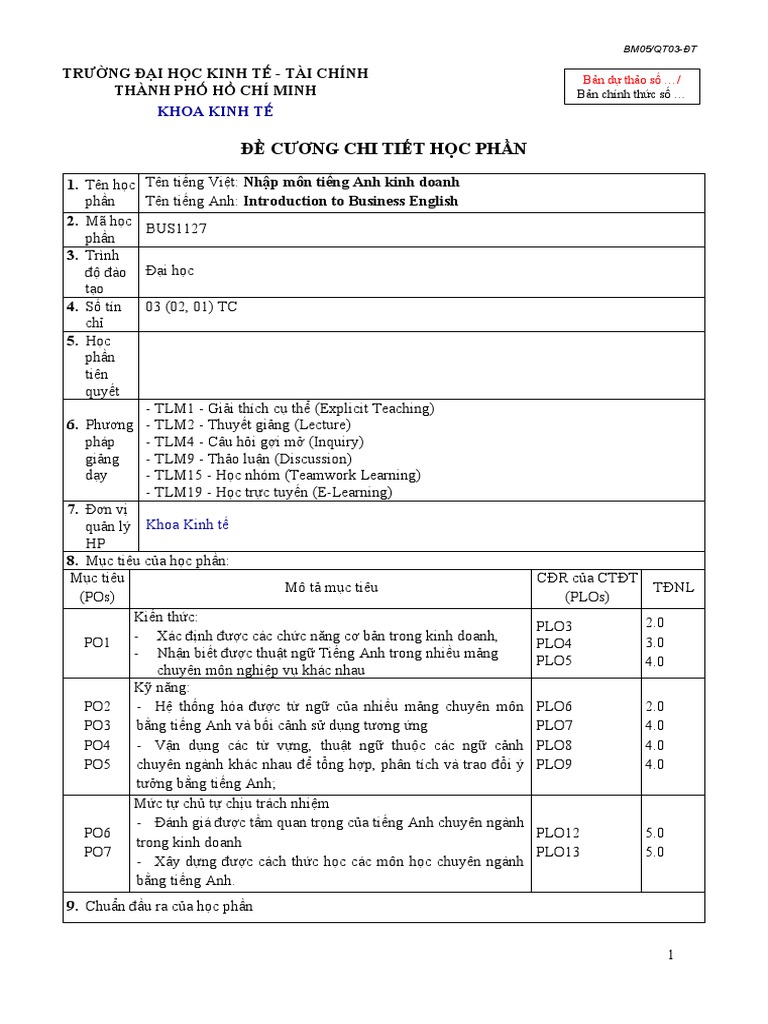 2021 - 08. BM05-QT03-DT - de Cuong Chi Tiet-Khoa2021 - BUS1127 - Nhap Mon Tieng Anh Kinh Doanh | PDF