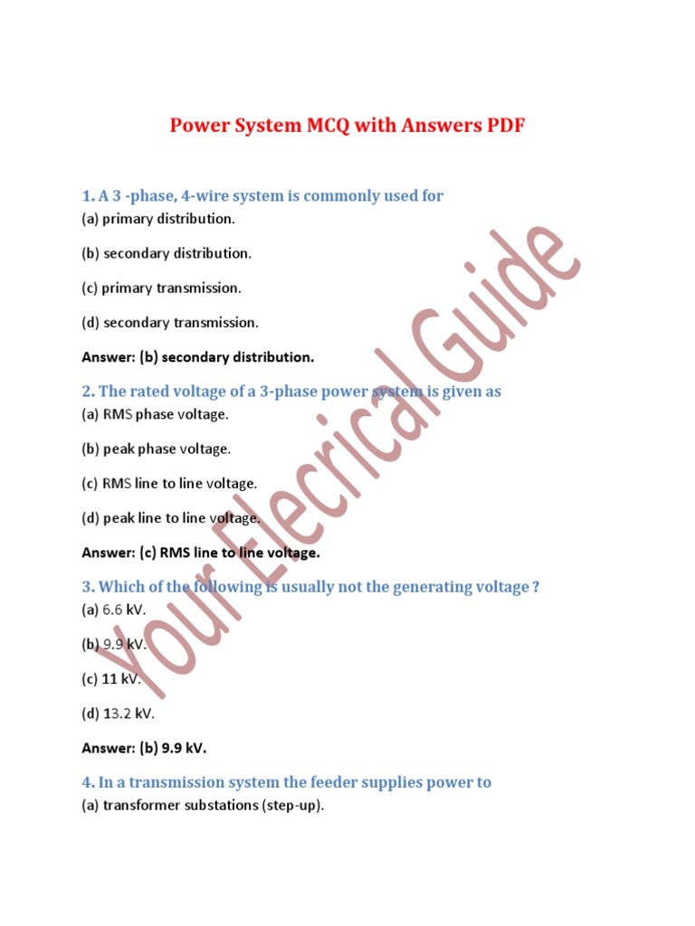 Power System MCQ With Answers PDF | PDF | Electric Power Transmission | Electric Power Distribution