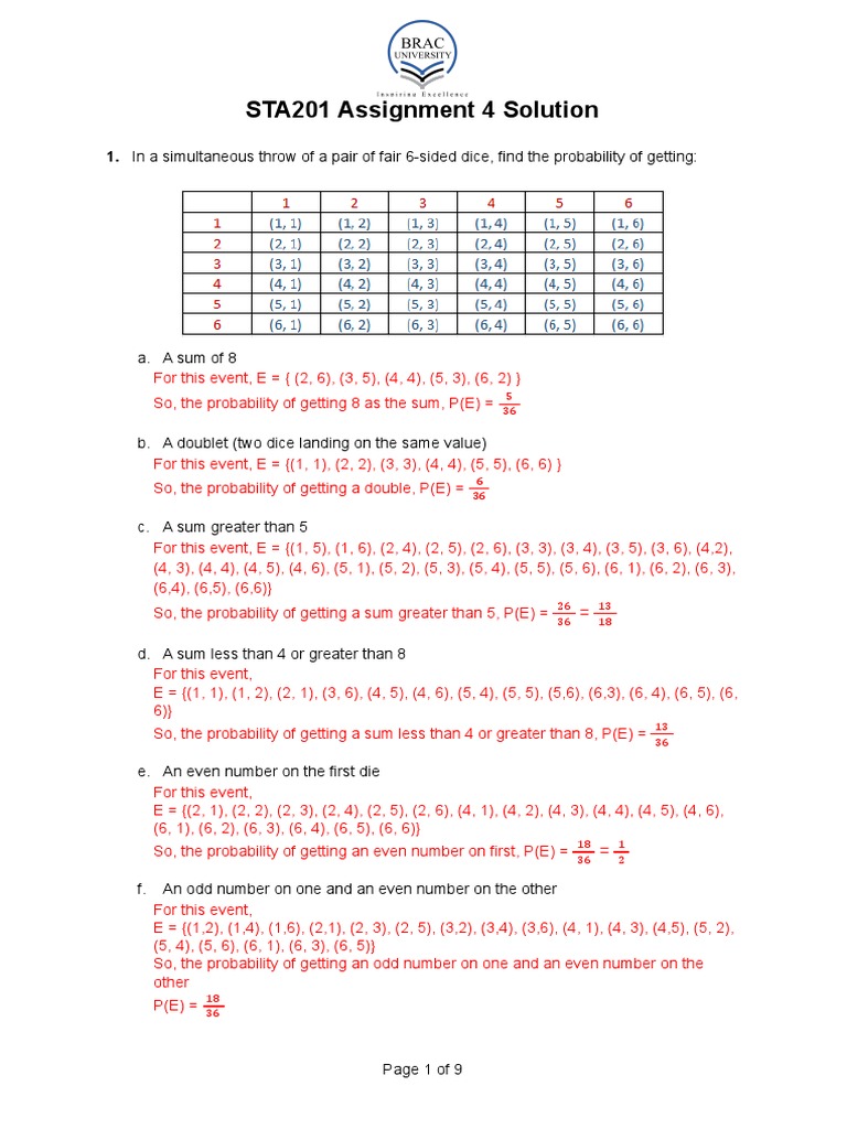 STA201 Assignment 4 Solution | PDF | Dice | Probability