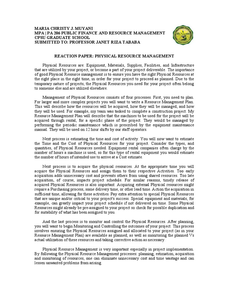 Physical Resource Management Maria Christy Muyani | PDF | Resource ...