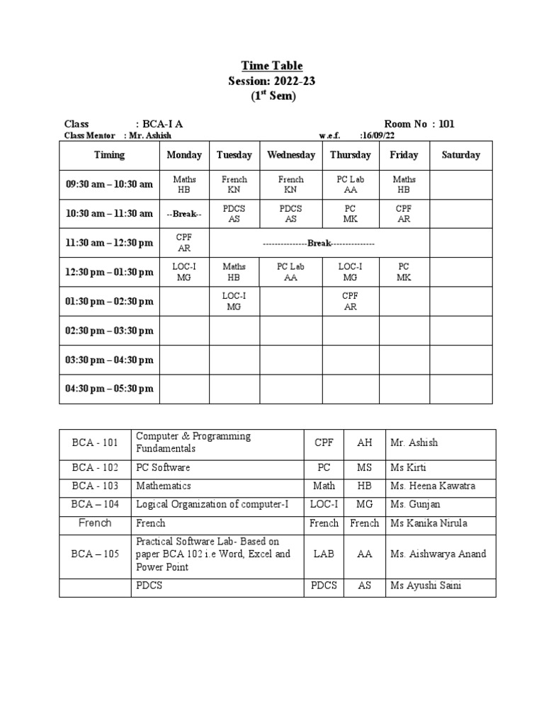 1st YEAR TimeTable BCA-1 | PDF | Mathematics | Science